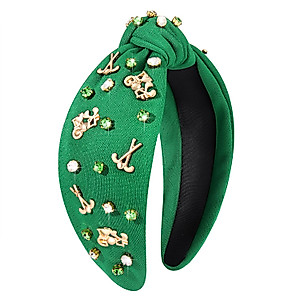 Golf Knotted Headband for Women Sports White Pearl Rhinestone Jeweled Wide Knot Headband Fun Golf Charms Twist Headpiece Game Day Hair Accessories Gift (green golf headband)