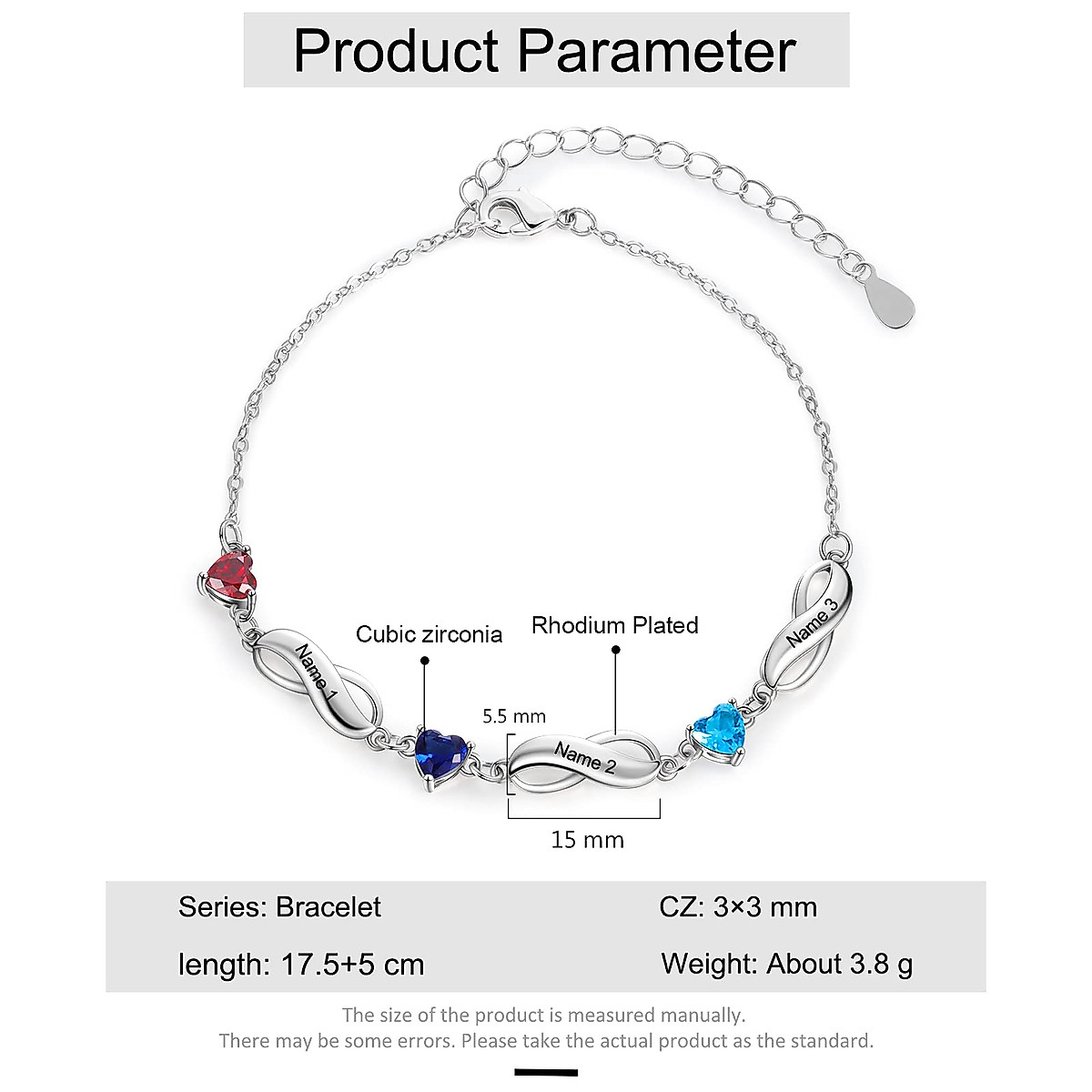 Personalized Infinity Mothers Bracelets Custom 1-7 Names Heart Birthstone Bracelets for Women Adjustable Link Bracelet Gifts for Mom Grandma (3 names)