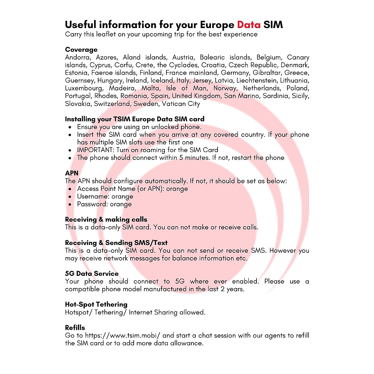 TSIM Europe Data SIM Card | 5G Prepaid | 50+ Destinations | Austria, Belgium, France, Germany, Italy, Spain, Switzerland, Sweden, UK (3GB / 7days)