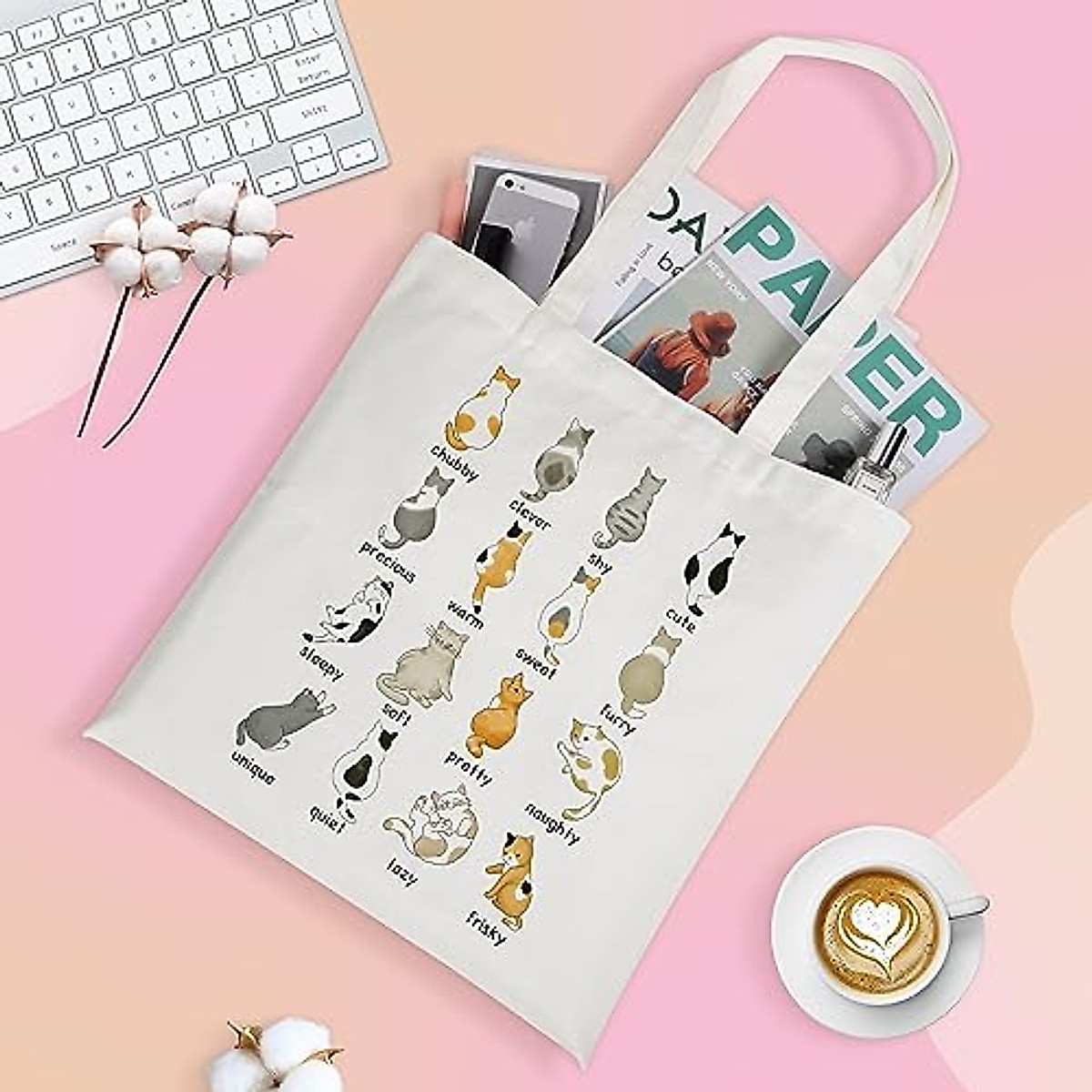 Louise Maelys Canvas Tote Bag for Women Cute Cat Aesthetic Cotton Bags Shopping Beach Reusable Grocery tote bag Makeup Bags