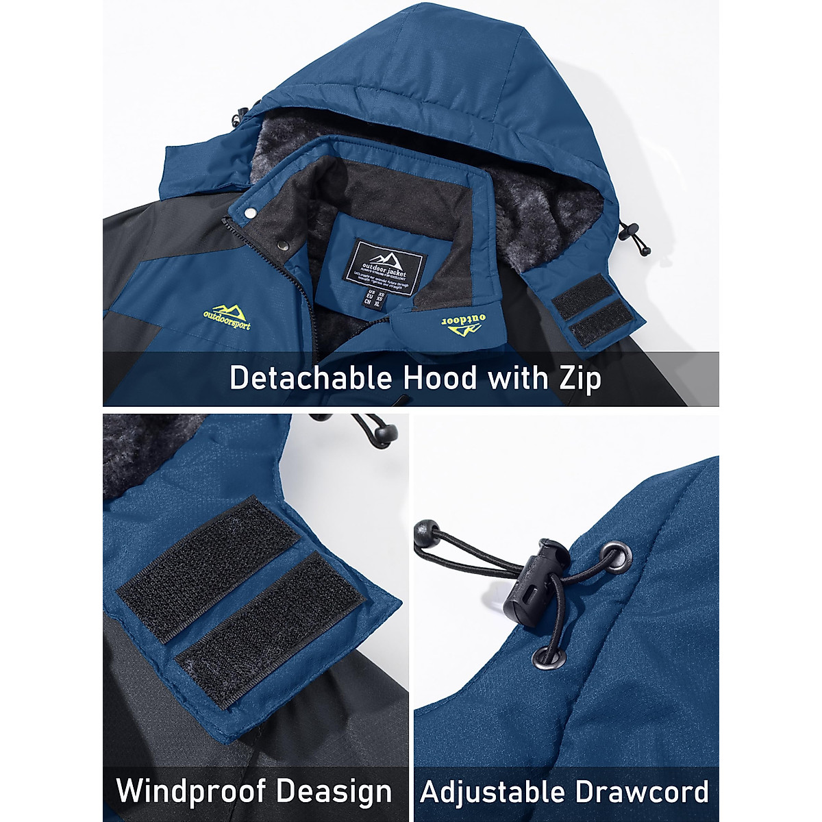 MAGCOMSEN Snowboard Jacket Men Warm Waterproof Ski Jackets Military Tactical Coat Winter Parka with Hood Raincoat Denim Blue, M