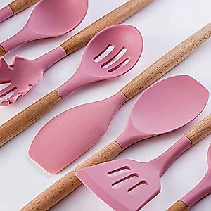 LMMDP Silicone Kitchen Tools Set Cooking Tools Utensils Set Spatula Shovel Soup Spoon with Wooden Handle Special Heat-resistant Design