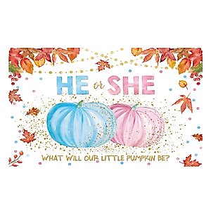 Funnytree Little Pumpkin Gender Reveal Backdrop He or She Fall Pink or Blue Boy or Girl Baby Shower Party Banner Autumn Maple Leaves Background Decor Supplies Photobooth Prop Favors Gift