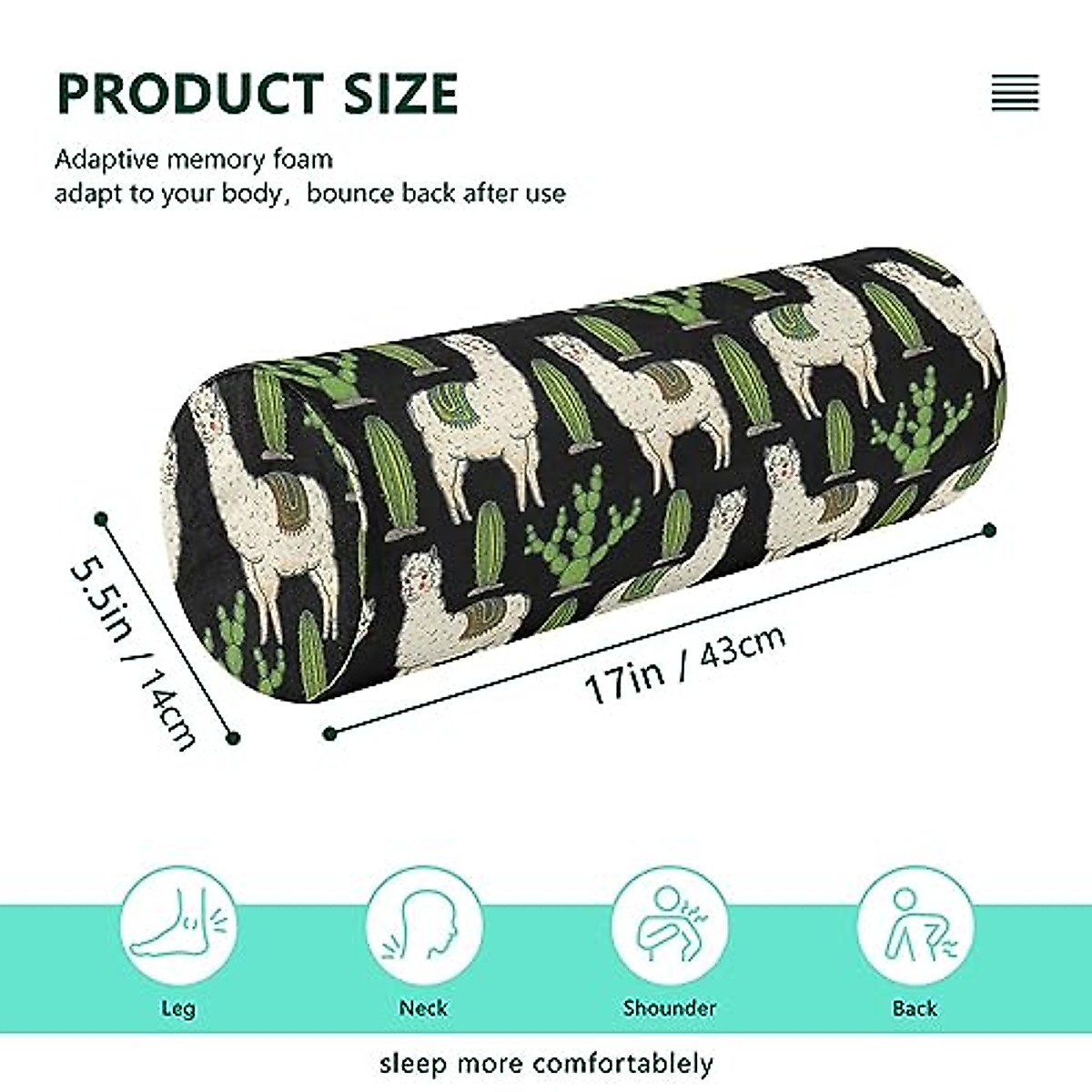 Vnurnrn Cute Llamas and Cactus Neck Support Pillow Round Neck Roll Bolster Cylinder Pillow Cervical Pillows Round Neck Pillow for Leg Knee Back Head Support for Study Work Men Women
