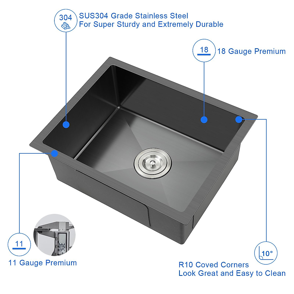 MENATT 24 Inch Undermount Single Bowl Kitchen Sink, SUS304 Stainless Steel Handmade Kitchen Sink Undermount Black, 24"x18"x9"