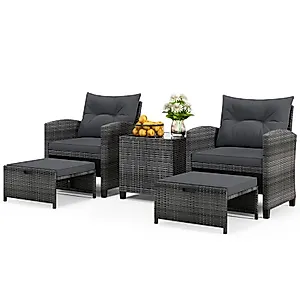 ORALNER 5 Pieces Patio Furniture Set with Ottoman, Wicker Conversation Set w/Cushions, Glass Coffee Table, Outdoor Lounger Rattan Chairs Bistro Set for Porch Balcony Garden Deck Poolside (Grey)