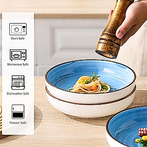 KOLLOV Pasta Bowls, 40oz Large Salad Bowl Set of 4, Ceramic Serving Soup Bowls Plates for Kitchen, Microwave & Dishwasher Safe (Blue)