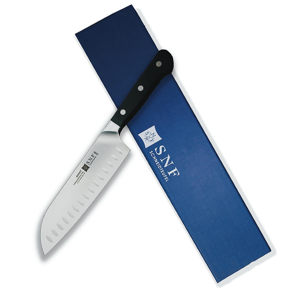 SNFSchneidteufel Avant Santoku Knife 7 inch Japanese Chef Knife Made with X50CrMoV15 Stainless Steel Kitchen Knife Set and Black Ergonomic Handle Design (Onyx Black)