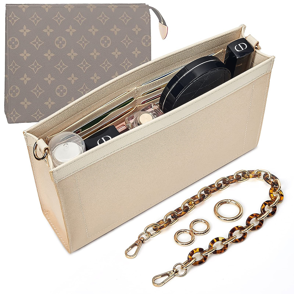 Vercord Purse Insert Organizer 26 Toiletry Pouch Insert with Leopard Acrylic Chain Strap Beige L