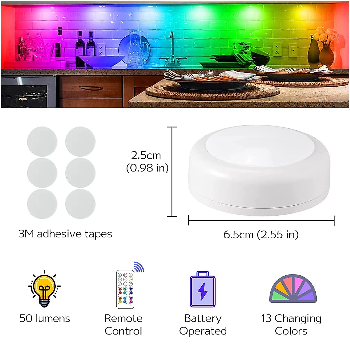 LED Puck Lights, Battery Operated Under Cabinet Light, RGB Color Changing Night Lights with Timer, Dimmable Push Light for Bathroom Kitchen Bedroom, 6 Pack