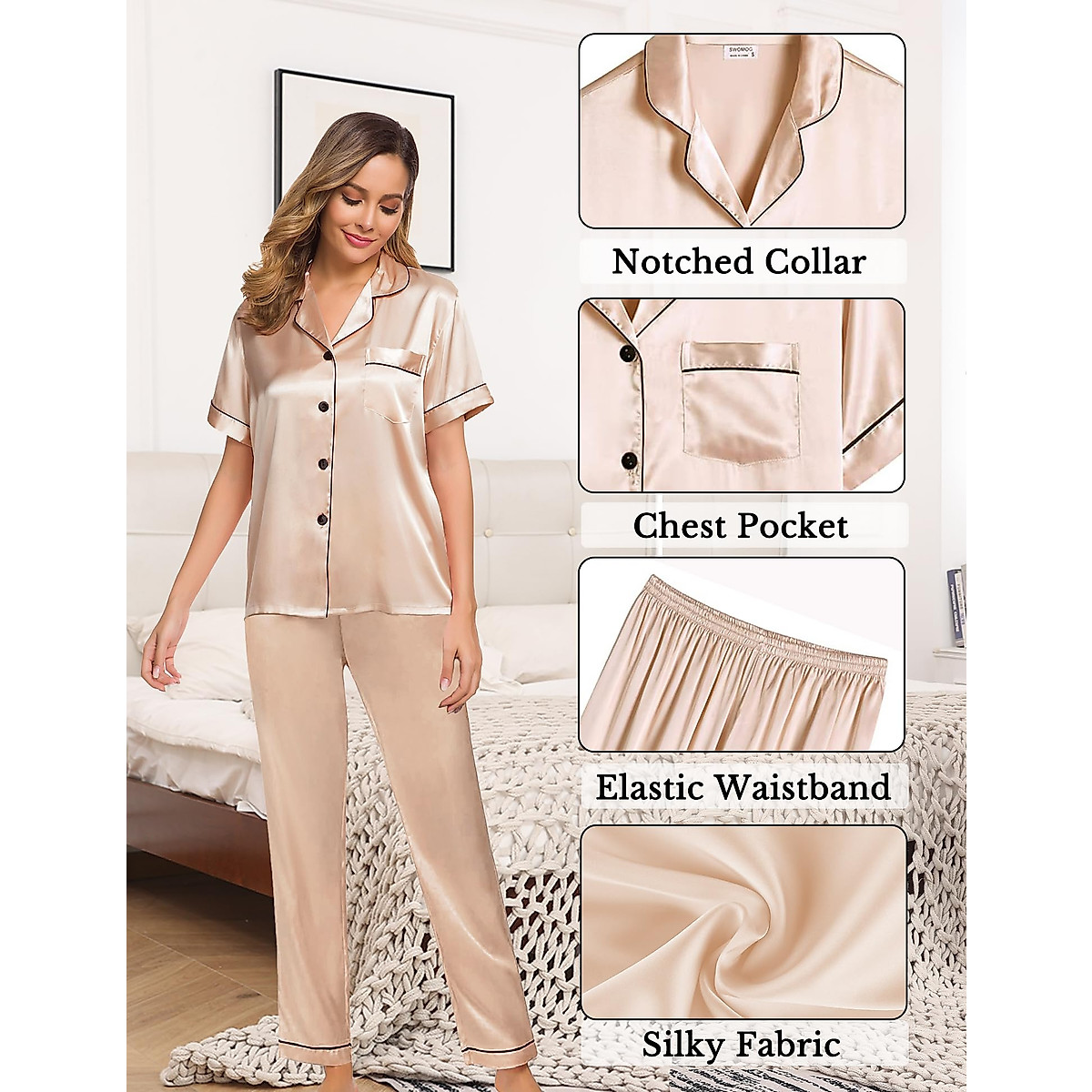 SWOMOG Womens 4pcs Pajamas Sets Silk Satin Pjs Silky Sexy Cami Shorts Set Button Down Short Sleeve Sleepwear Loungewear, Champagne Medium