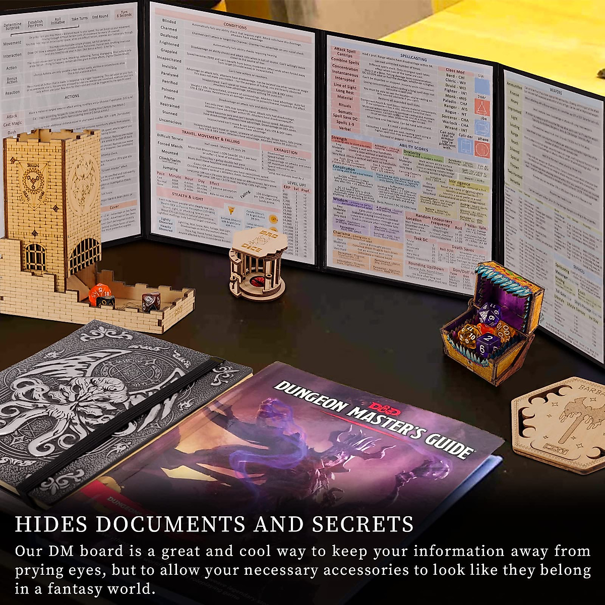 CZYY DND Dungeon Master Screen Faux Leather Embossed Dragon & Mimic, Four-Panel with Pockets DM Screen for Dungeons and Dragon, Pathfinder, D&D