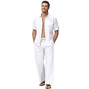 Boisouey Mens Linen Loose Pant Lightweight Elastic Waist Trouser Yoga Beach Pant White L