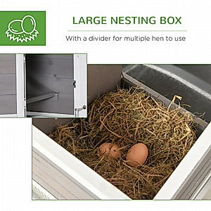 PawHut 76" Wooden Chicken Coop, Outdoor Chicken House Poultry Hen Cage with Outdoor Run, Nesting Box, Removable Tray and Lockable Doors, Grey