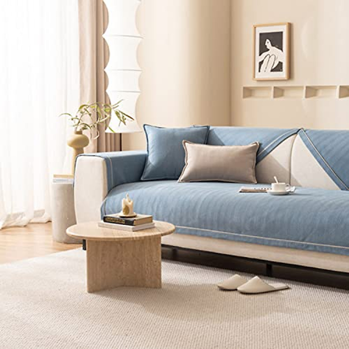 Sofa Cover 3/2/4 Seater Sofa Slipcover L Corner Shape Soft Chenille Herringbone Couch Cover Universal Non-Slip Thick Reversible Quilted Corner Slipcovers Washable for Living Room Dogs,Blue,90*180cm