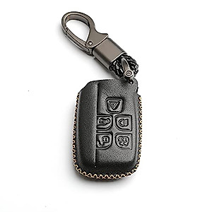 WFMJ Leather for Land Rover Range Rover Sport LR2 LR4 Evoque Jaguar XF XJ XJL XE Remote Smart 5 Buttons Key Fob Case Cover Chain Keychain (Black)
