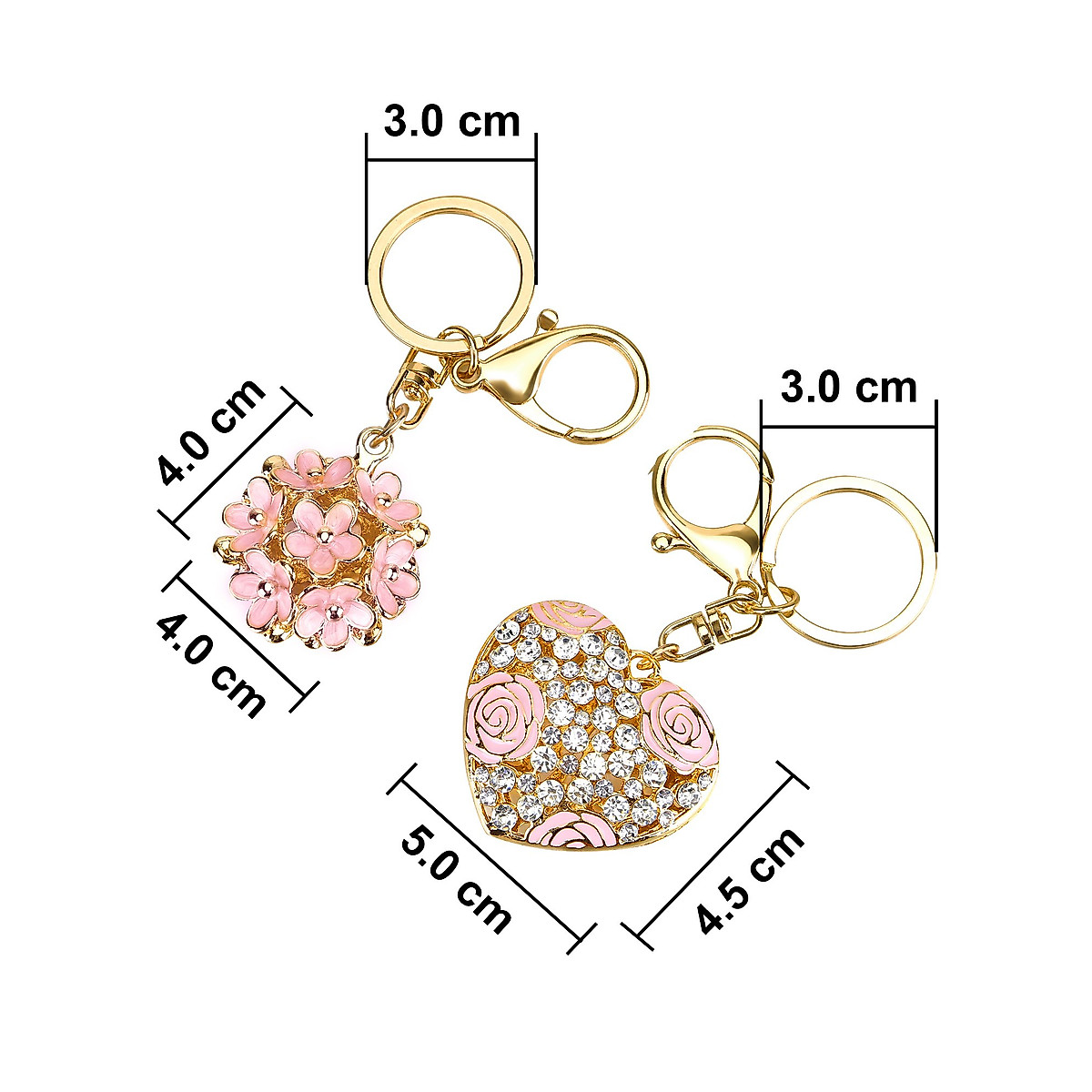 Flower Ball Keychain and Sweet Love Heart Rose Crystal Key Chain for Women Pink Flower Girly Charm Keyring, 2 Pieces, Medium