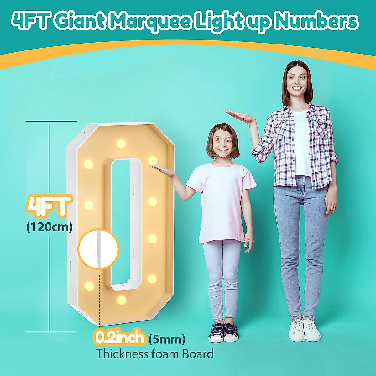 4FT Maruqee Light up Numbers, Large Marquee Number for 30th 50th 60th Birthday Decor, Big Mosaic Numbers Balloons Pre-Cut Frame for Party Wedding Decorations, Number 0