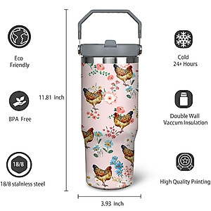 30oz Chicken Tumbler with Handle and Straw, Pink Chicken Stainless Steel Vacuum Insulated Flip Straw Coffee Cups Spill Proof Travel Mug, Chicken Rooster Decor Stuff Gifts for Women Chicken Lover