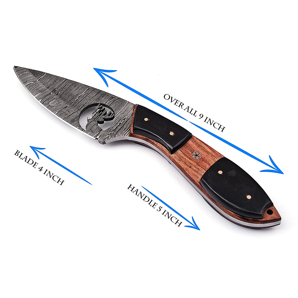 TMBrands Damascus Hunting Knife, Fixed Blade Knife & Camping Knife with Rose Wood & Buffalo Horn Handle & Knife Sheath