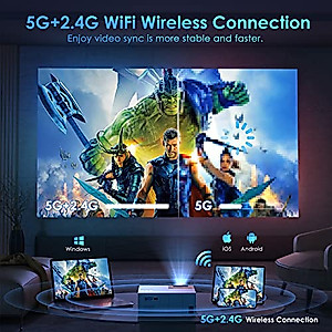 Native 1080P 5G WiFi Bluetooth Projector, 10000L Outdoor Movie Projector with Screen and 300" Display, Video Projector Compatible w/iOS/Android/Win/TV/PS5, White