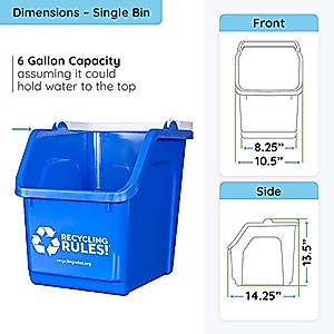 Recycling Rules! 6 Gallon Stackable Recycling Bin Container in Blue, Eco-Friendly BPA-Free Handy Recycler with Handle, 2-Pack