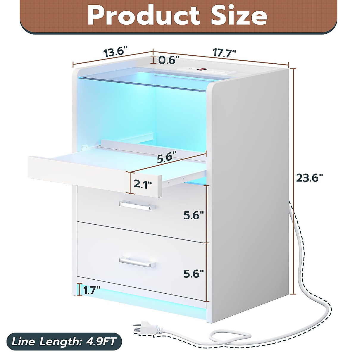 VIAGDO White Nightstand with Charging Station and LED Lights, 2 Drawers LED Night Stand with Tempered Glass Tabletop, Modern End Side Tables with Pull-Out Tray, Open Storage Bedside Tables