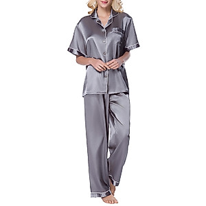 Lavenderi Women's Short Sleeve Classic Satin Pajama Set（X-Large,Silver Grey