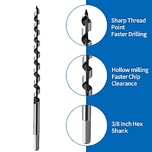 Litoexpe 1/2 Inch x 12 Inch Auger Drill Bit, 3/8-Inch Hex Shank Ship Auger Long Drill Bit for Wood, Plastic, Drywall and Composite Materials