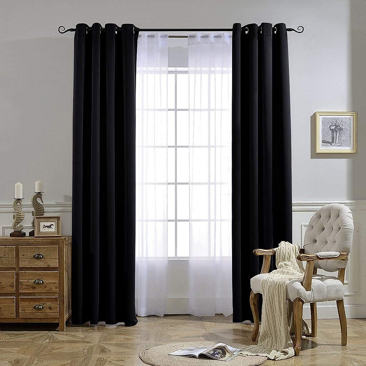 NICETOWN Black Blackout Curtains 84 inch Long - Light Reducing Thermal Insulated Solid Grommet Blackout Curtains/Panels/Drapes for Living Room (Set of 2, W52 x L84)