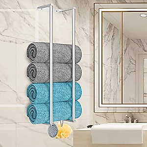 Towel Racks for Bathroom, Wall Mounted Stainless Steel Towel Storage Organizer with 2 Hooks, Bath Towel Holder, Wall Towel Rack for Rolled Towels, Washcloths Racks for Small Space Bathroom (Silver)