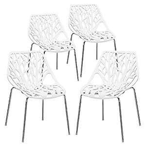 Bonnlo Modern Stackable Chair Set of 4,Kitchen White Dining Chairs,Birch Sapling Comfy Chairs for Dining Room,Living Room,Waiting Room (White)