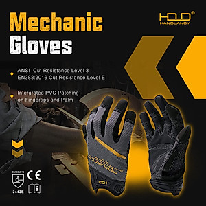 HANDLANDY Mens Work Gloves Cut Resistant Level 3 Mechanics Gloves, Tear & Abrasion Resistant Safety Gloves for Work (Large)