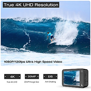 CAMPARKCAMERA Waterproof Action Camera 4K 60FPS 20MP Underwater Camera Camcorder 40M 170 ° Wide Angle Camera with Touch Screen Stabilizer 2 Rechargeable 1350 Batteries and Accessories Kit