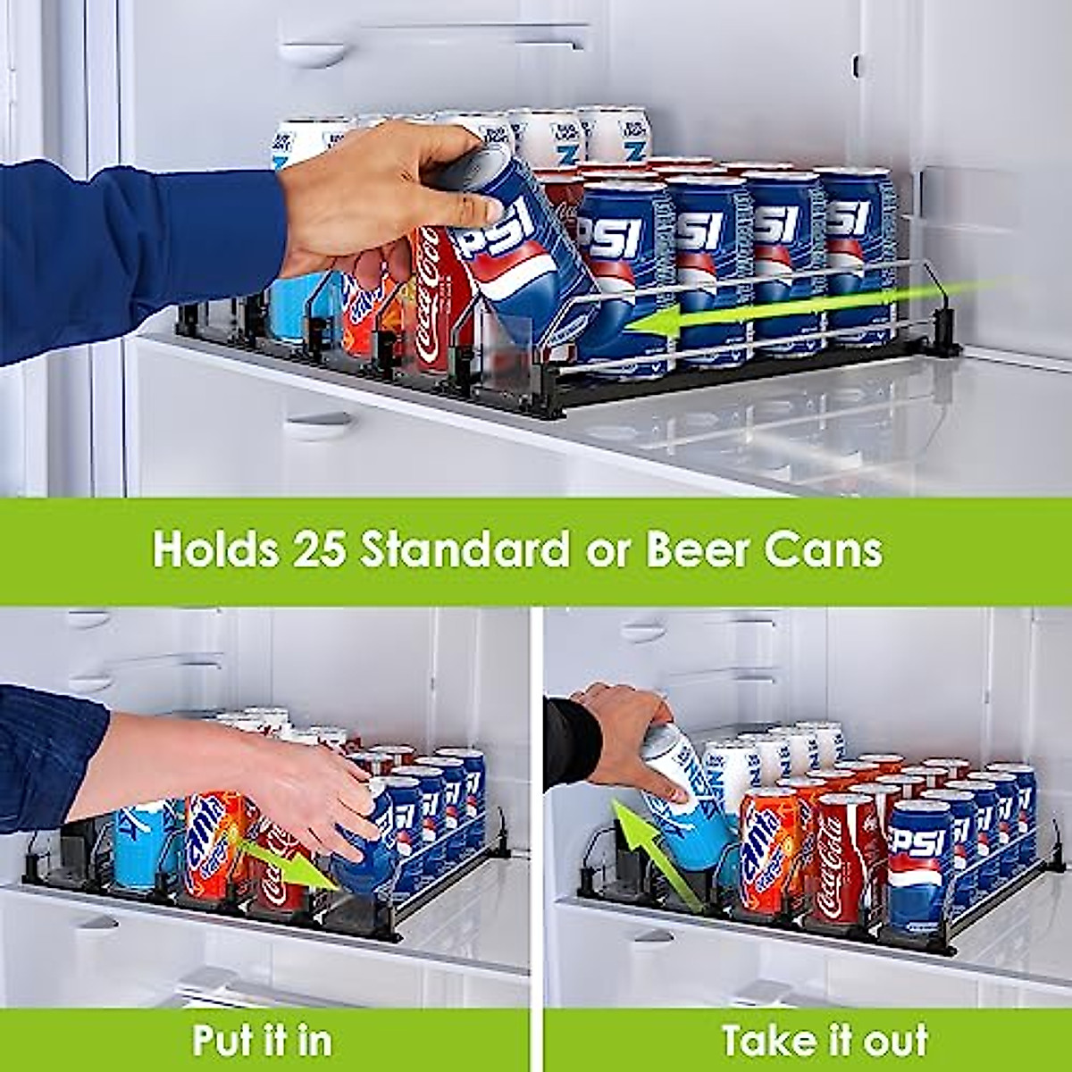 Soda Can Dispenser for Refrigerator,Self-Pushing Drink Organizer for Fridge, Width Adjustable Fridge Organization, Beer Pop Can Water Bottle Drink Dispenser for Fridge (5 Rows)