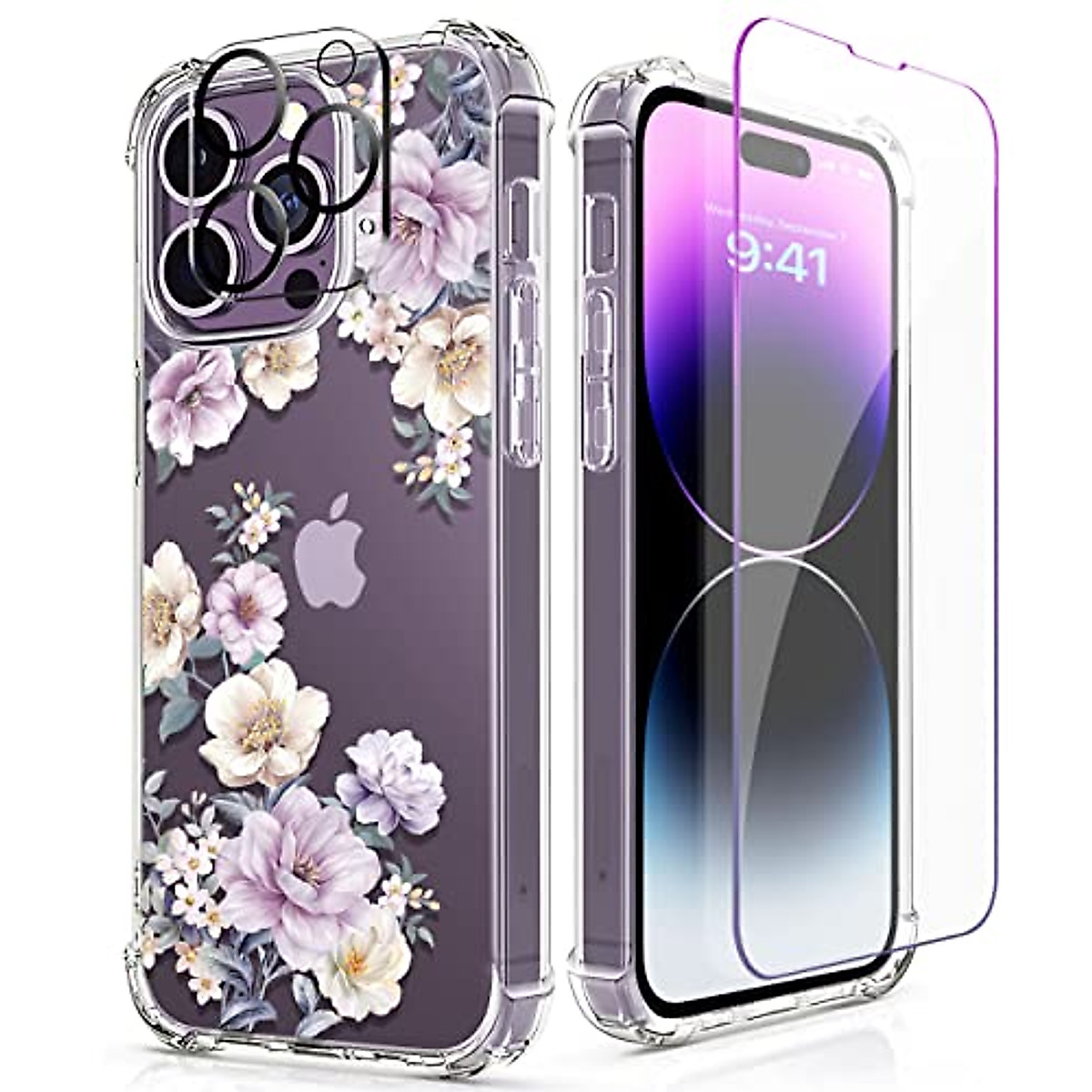 ROSEPARROT Designed for iPhone 14 pro max Case with Tempered Glass Screen Protector + Camera Lens Protector, Clear with Floral Pattern Design, Shockproof Protective Cover （Anemone Blooms）