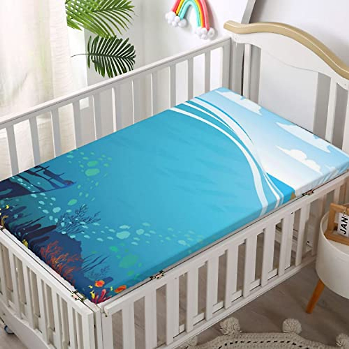 Reef Themed Fitted Mini Crib Sheets,Portable Mini Crib Sheets Soft & Stretchy Fitted Crib Sheet-Great for Boy or Girl Room or Nursery,24“ x38“,Sea Blue Multicolor