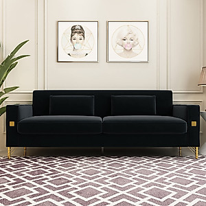 IQIAite 85" Wide Velvet Loveseat Sofa Mid Century Modern Comfy 3 Seat Couch Black Tufted Love Seat Sofas with 2 Pillows Gold Legs for Living Room Office Apartment Furniture Solid Wood Frame