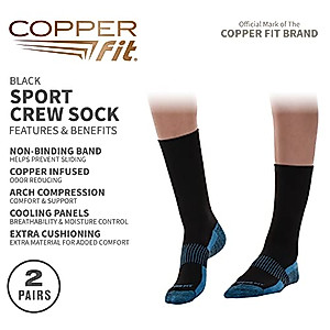 Copper Fit unisex adult Crew Sport - 2 Pack Running Socks, Black, Large-X-Large US