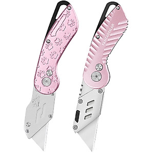 FantastiCAR Pink Folding Box Cutter, Unique Utility Knife Metal Body and Advanced Gift Package, with Extra Blades