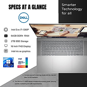 Dell Inspiron 7620 2-in-1 Business Laptop, 16 Inch WUXGA Touchscreen, 12th Gen Intel Evo i7-1260P, Windows 11 Pro, 64GB RAM, 2TB SSD, Backlit Keyboard, Fingerprint Reader, Type-C, Silver
