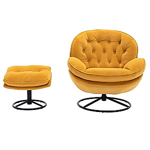 TRIPLE TREE Modern Swivel Accent Chair, Mid-Century Lounge Chair and Ottoman Set, Velvet Upholstered Button Tufted Recliner Chair, Reading Chair with Footrest for Living Room Indoor Bedroom, Yellow