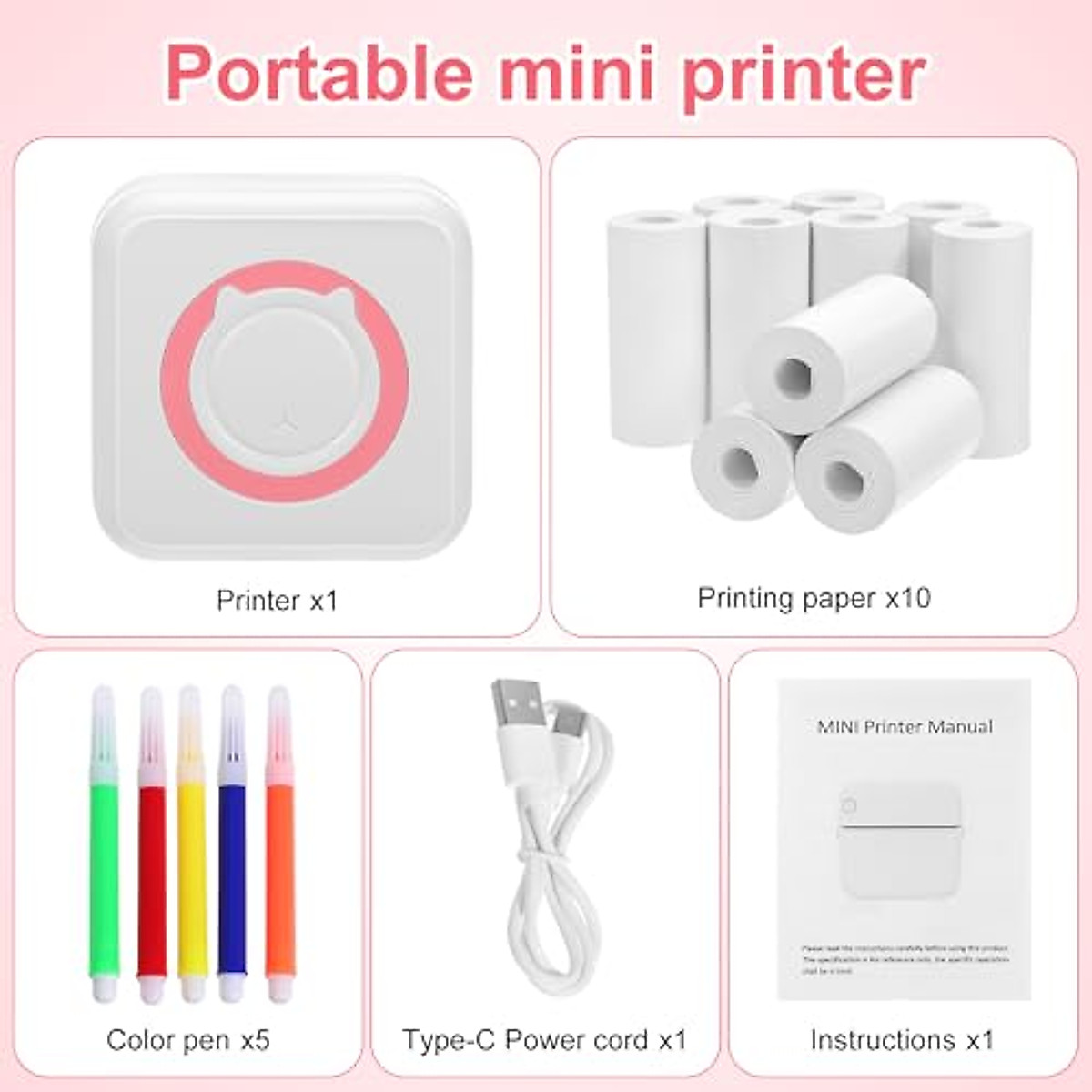Operitacx Mini Sticker Printer, Portable Mini Thermal Printer with 10 Rolls Paper 5 Pens, Print Pod Inkless Pocket Printer for Notes Pictures, Compatible with Android & iOS