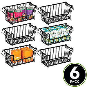 mDesign Stackable Metal Basket for Kitchen Storage - Wire Farmhouse Bin Basket w/Handles for Pantry - Stacking Wire Basket Organizer for Food, Drinks, Snacks - Hyde Collection, 6 Pack, Black