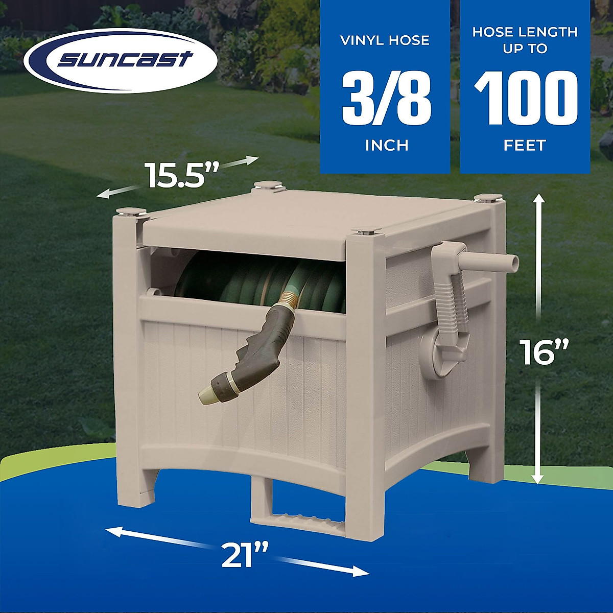 Suncast 100 Foot Capacity Hideaway Garden Hose Reel for 1.9 inches Hose Outdoor Storage with Stay Up Lid and Crank Handle, Taupe 2 Pack