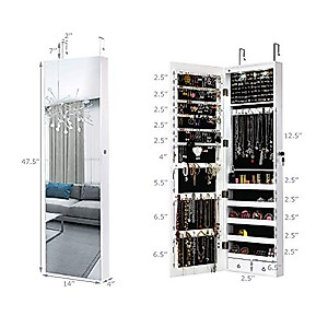 Giantex Wall Door Jewelry Armoire Cabinet with Full-Length Mirror, 2 LEDs Lockable Large Storage Jewelry Organizer with 47.5'' Mirror, Makeup Pouch, Bracelet Rod, Jewelry Amoires with 2 Drawers (White)
