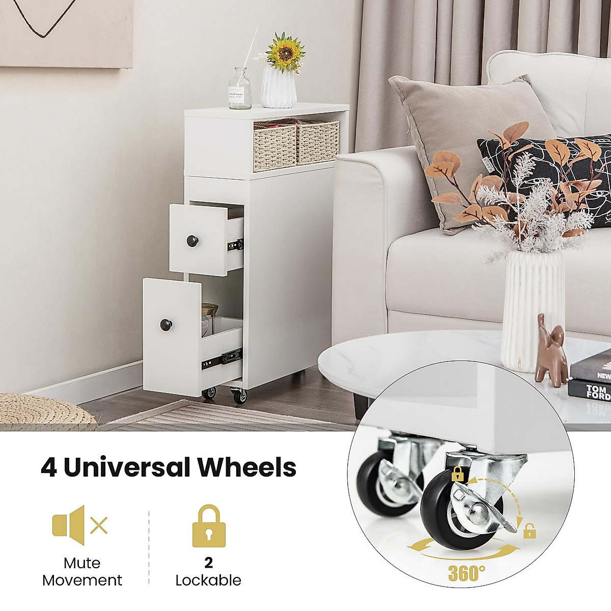 Giantex Small Bathroom Storage Cabinet - Slim Bathroom Organizer with Wheels, 2 Drawers, 2 Baskets, Brush Holder, Over The Toilet Storage Cabinet for Skinny Corner, Narrow Spaces Bathroom Storage