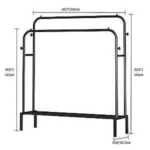 JOISCOPE Double Rods Portable Garment Rack for Hanging clothes, 43.7 * 55.5 Inch Metal Clothing Rack with Bottom Shelves and 4 Hooks,Freestanding Clothes Rack for Bedroom,Space Saving, Black