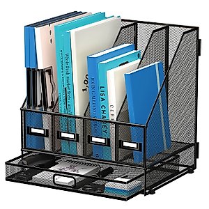 DALTACK Magazine File Holder, Desk Organizer with 4 Vertical File Holder and Drawer, Mesh File Organizer for Office Organization, Magazine Holder for Home Office School, Black