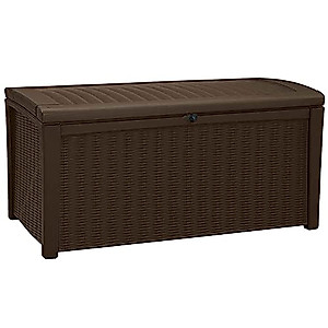 Keter Borneo 110 Gallon All Weather Weatherproof Rattan Wicker Resin Outdoor Backyard Patio Porch Deck Organization Storage Box Bench, Brown (2 Pack)